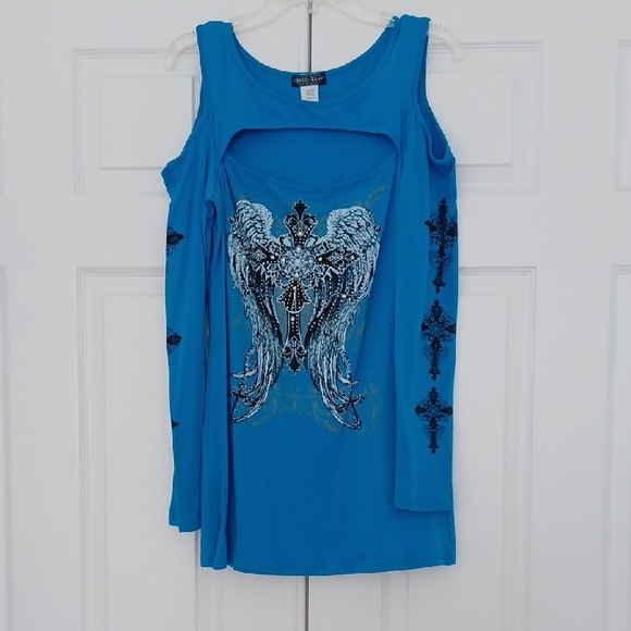 Tops | Bling Turquoise Blue Angel Wing Cross Rhinestone Long Sleeve ...